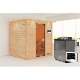 Karibu Sauna &raquo;"Ricky" mit bronzierter T&uuml;r und Kranz, naturbelassen&laquo; aus hochwertiger nordischer Fichte. 9 kW Ofen und integr. Steuerung beige Bio-Kombiofen, 