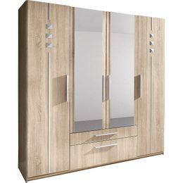Priess Kleiderschrank 1-bis 5-t&uuml;rig, mit silberfarbigen Applikationen braun Holzwerkstoff B/H/T: 185cm x 193cm x 54cm, Schubladen: 2 Stk. T&uuml;ren: 4 Stk