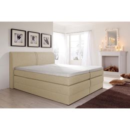 Hapo Boxspringbett mit Bettkasten beige Kopfteil, seitliche Unterbox und Obermatratze sind mit pflegeleichtem Feinstrukturstoff in Leinenoptik (100% 
