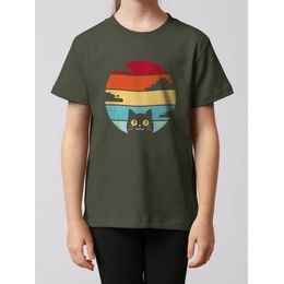 wat? Apparel T-Shirt Retro Sunset Cat in Khaki | Gr.: 122/128