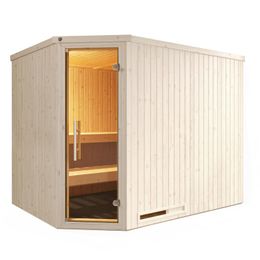 Weka Sauna &raquo;Element-Ecksauna VARBERG 4&laquo; vorgefertigte Elemente, moderne Ganzglast&uuml;r wei&szlig; Saunaofen, externe Steuerung, 9 kW