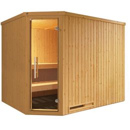 Weka Sauna &raquo;Element-Ecksauna VARBERG 4&laquo; vorgefertigte Elemente, moderne Ganzglast&uuml;r beige Saunaofen, externe Steuerung, 7,5 kW