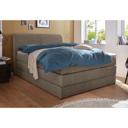 Hapo Boxspringbett mit Bettkasten braun Kopfteil, seitliche Unterbox und Obermatratze sind mit pflegeleichtem Feinstrukturstoff in Leinenoptik (100% 