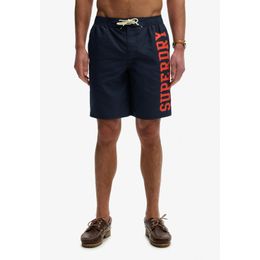 Superdry Herren Badeshorts "LOGO 19 BOARDSHORT", blau, Gr. M, bedruckt, Web, Polyester, Badehosen, lockere Passform, bedruckte Optik, aus Polyester