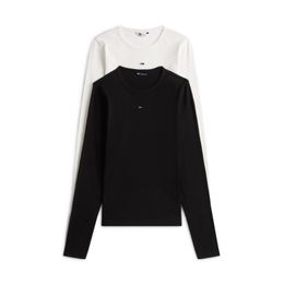 Tommy Jeans Damen Langarmshirt "TJW 2PACK SLIM ESSENTIAL RIB LS", schwarz, Basic, Gr. XL, Single Jersey, Obermaterial: 95% Baumwolle, 5% Elasthan,