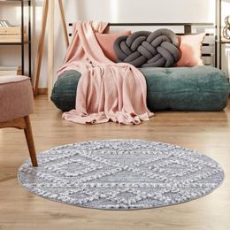 Carpet City Hochflor-Teppich &raquo;Focus 3022&laquo; rund 20 mm H&ouml;he Boho-Teppich, Hochtief-Muster/ 3D-Effekt, f&uuml;r Wohnzimmer, Schlafzimmer grau Polypropylen &Oslash; 120cm 1 Stk.,