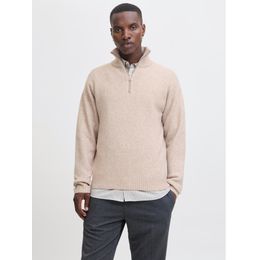 Jack & Jones JACK & JONES Herren Troyer "JJESOHO OLLIE KNIT HALF ZIP SN", beige, Gr. M, unifarben, Strick, Obermaterial: 51% Polyester, 41% Polyacryl, 5% Wolle,