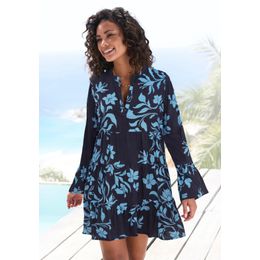 Lascana Damen Strandkleid, blau, Gr. 40, bedruckt, Web, Obermaterial: 100% Viskose, Kleider, mit Blumendruck in weiter Passform, Sommerkleid mit