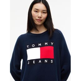 Tommy Jeans Damen Sweatkleid "TJW SWEATER FLAG DRESS EXT", blau, Gr. XS, bedruckt, Sweatware, Obermaterial: 90% Baumwolle, 10% Wolle, Kleider,