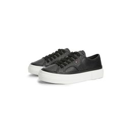 Tommy Hilfiger Damen Plateausneaker "PLATFORM VULC SNEAKER PIPING LTR", Gr. 36, schwarz, Leder, Schuhe, Freizeitschuh, Halbschuh, Schn&uuml;rschuh mit