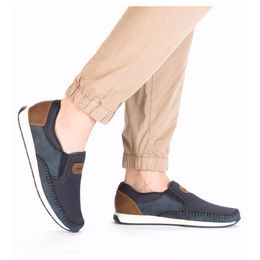 Rieker Herren Slipper, Gr. 42, blau, Lederimitat, Textil, unifarben mit Farbeinsatz, Schuhe, Slip-on Sneaker, Schlupfschuh mit Stretcheins&auml;tze