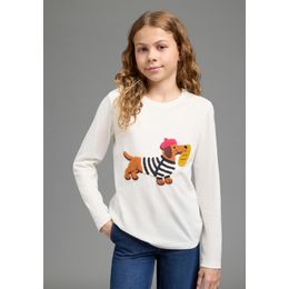 Kidsworld M&auml;dchen Langarmshirt "Shirt mit Frottee-Applikation: DACKEL", wei&szlig;, Gr. 140, unifarben, Feinstrick, Obermaterial: 100% Baumwolle, Shirts,