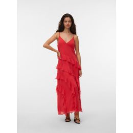 V&eacute;ro Moda VERO MODA Damen Tr&auml;gerkleid "VMSMILLA S/L V-NECK LONG FRILL DRESS WVN", rot, Gr. L, unifarben, Web, Obermaterial: 100% Polyester, Kleider, Kunstfaser