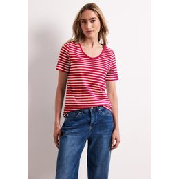Street One Damen T-Shirt, rot, Gr. 42, gestreift, unifarben, Web, 50% Baumwolle, 50% Modal, Shirts, mit abgerundetem V-Ausschnitt