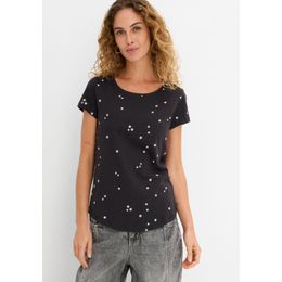 bonprix Damen T-Shirt, schwarz, Gr. 48, bedruckt, Jersey, Obermaterial: 100% Baumwolle, Shirts, Slim Fit Passform, Kurzarm, abgerundeter Saum, aus