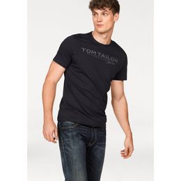 Tom Tailor Herren Rundhalsshirt, blau, Gr. M, bedruckt, Single Jersey, Obermaterial: 100% Baumwolle, Shirts, mit Logoprint