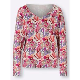 Heine Witt Damen V-Ausschnitt-Pullover mit Allover-Druck, champagner-hortensie-bedruckt, Gr&ouml;&szlig;e 48