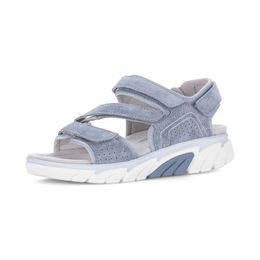ROLLINGSOFT Damen Sandalette, Gr. 42, blau, Textil, Veloursleder, Schuhe, Keilabsatz, Riemchensandale mit Lochmuster und Ziern&auml;hten, G-Weite
