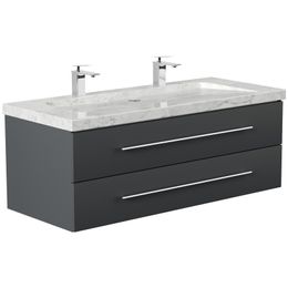 Posseik Badm&ouml;bel Marmor Carrara White YAMO 130 cm 2 Hahnl&ouml;cher SoftClose wei&szlig; hochglanz