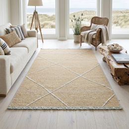 Teppich Sansibar, B:80cm H:2mm L:150cm, gold, Schurwolle, Wohnzimmer, Teppiche, "Braderup", Flachgewebe, modernes Scandi Design, Motiv Rauten, mit