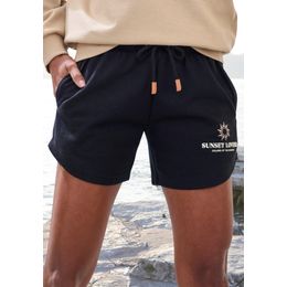 H.I.S. H.I.S Damen Sweatshorts, Gr. 44, schwarz, Sweatware, Obermaterial: 60% Baumwolle, 40% Polyester, unifarben, Hosen, mit Kordelzug und Print, Loungewear