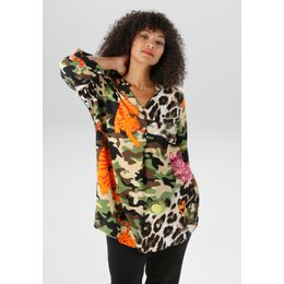 ANISTON PLUS Damen Schluppenbluse, schwarz, Gr. 44, Web, Obermaterial: 100% Viskose, Blusen, mit extravaganten farbenfrohes Animaldessin