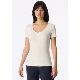Schiesser Damen T-Shirt "Natursch&ouml;nheit", Gr. 38, beige, Feinripp, Obermaterial: 95% Baumwolle, 5% Elasthan, Shirts, mit V-Ausschnitt, kurzem Arm,