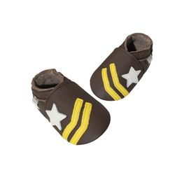 Bemesu Baby Hausschuhe Leder weich atmungsaktiv mit Wildledersohle Braune Sterne | Gr.: 18-24 MONATE