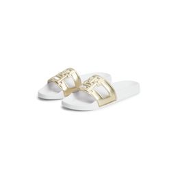 Tommy Hilfiger Damen Pantolette "TH MONOGRAM POOL SLIDE", Gr. 42, gold, Lederimitat, Schuhe, Sommerschuh, Strandschuh mit gro&szlig;em TH-Bandagenlogo