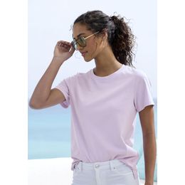 Damen T-Shirt "mit modischem Schlitz am Saum", lila, Basic, Gr. 32, BEACHTIME BY LASCANA, unifarben, Single Jersey, Obermaterial: 100% Baumwolle,