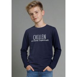 Kidsworld Jungen Langarmshirt "Spr&uuml;cheshirt: CHILLEN ist meine Superkraft", blau, Gr. 176, unifarben, Single Jersey, Obermaterial: 100% Baumwolle,