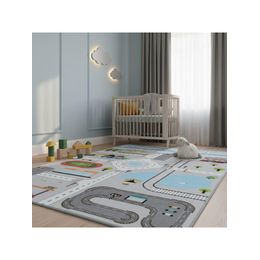 KADIMA DESIGN Kinderteppich Waschbar Spielstra&szlig;e TRAUN Strapazierf&auml;hig OEKO-TEX in Grau | Gr.: 80 x 120 cm