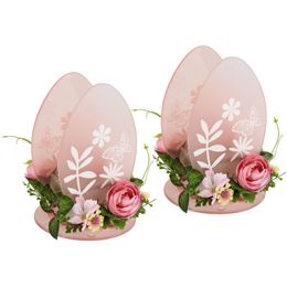 I.GE.A. Teelichthalter "Ei", B/H/T: 12cm x 16cm, rosa, Kerzenhalter, 2er Set Windlicht Osterhase Glas Holz Kerzenleuchter Fr&uuml;hlingskranz 3D