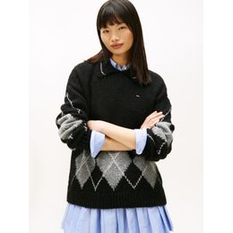 Tommy Jeans Damen Strickpullover "TJW OVS ARGYLE POLO SWEATER", schwarz-wei&szlig;, Gr. S, gemustert, Strick, Obermaterial: 69% Polyacryl, 23% Polyester,