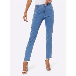 CR&Eacute;ATION L CREATION L Damen 5-Pocket-Jeans, blau, Gr. 40, gebl&uuml;mt, gemustert, mehrfarbig, 56% Baumwolle, 19% Polyester, 14% Lyocell, 10% Viskose, 1% Elasthan,