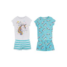 bonprix M&auml;dchen Shorty, Gr. 164aqua, wei&szlig;, Obermaterial: 100% Baumwolle, Homewear-Sets, vierteiliger Shorty-Pyjama, zwei T-Shirts mit Druck, aus