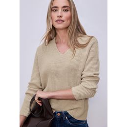 Street One Damen V-Ausschnitt-Pullover, beige, Gr. 44, unifarben, Web, 60% Baumwolle, 40% Polyacryl, Pullover, im soften Baumwoll-Mix