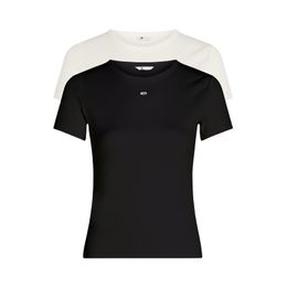 Tommy Jeans Damen Kurzarmshirt "TJW 2PACK SLIM ESSENTIAL RIB SS", beige, Gr. XS, gestreift, Feinripp, Obermaterial: 95% Baumwolle, 5% Elasthan,