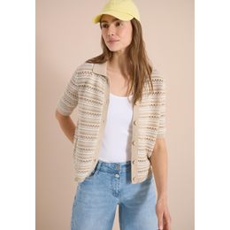 Cecil Damen Strickjacke, beige, Gr. L, gestreift, Strick, Obermaterial: 100% Baumwolle, Strickjacken, Kurzarm Cardigan mit Polokragen