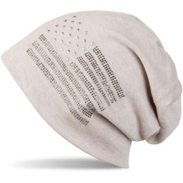 styleBREAKER Damen Beanie "Beanie mit USA Flagge aus Strass", beige, Modisch, Obermaterial: 50% Viskose CV. 50% Polyester PES., M&uuml;tzen