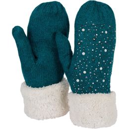 styleBREAKER Damen F&auml;ustlinge "Strickhandschuhe F&auml;ustlinge mit Strass und Perlen", blau, Modisch, 65% Polyacryl PAN. 35% Wolle WO., Handschuhe