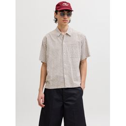 Jack & Jones JACK & JONES Herren Kurzarmhemd "JORRIVIERA LINEN BLEND SHIRT SS LN", beige, Gr. XL, kariert, Web, Obermaterial: 70% Baumwolle, 30% Leinen, Hemden,