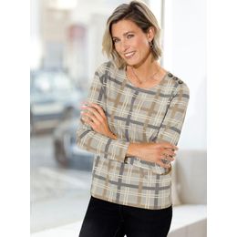 Classic Basics Damen Langarmshirt "Rundhals-Shirt", beige, Gr. 48, gemustert, kariert, mehrfarbig, 100% Baumwolle, Shirts