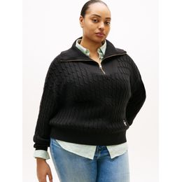 Damen Troyer "CRV CO CABLE MID GG 1/2 ZIP SWT", schwarz, Gr. 50, Tommy Hilfiger Curve, unifarben, Strick, Obermaterial: 100% Baumwolle, Pullover, in