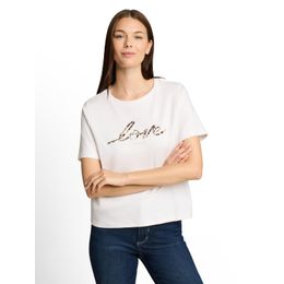 Tom Tailor Damen Kurzarmshirt, wei&szlig;, Gr. M, bedruckt, Jersey, Obermaterial: 100% Baumwolle, Shirts, Sommershirt mit Prints und Rundhals
