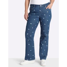 sheego Damen Bootcut-Jeans, blau, Gr. 52, gebl&uuml;mt, gemustert, 78% Baumwolle, 20% Polyester, 2% Elasthan, Jeans