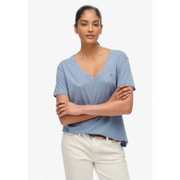 Superdry Damen T-Shirt "STUDIOS SLUB EMB VEE TEE", blau, Gr. XS, unifarben, Single Jersey, Obermaterial: 60% Baumwolle, 40% Lyocell, Shirts,