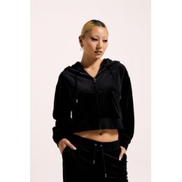 Juicy Couture Damen Kapuzennickijacke "BRENDAL CROP OVERSIZED HOODIE Damen", schwarz, Gr. XS, Samt, 95% Polyester, 5% Elasthan, Jacken,
