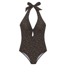 Lascana Damen Badeanzug "Momo"oliv, bedruckt, Gr. 42, unifarben mit Farbeinsatz, Recycling-Polyamid, Badeanz&uuml;ge, mit modischem Cut-Out vorn