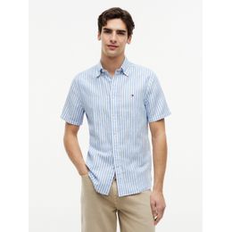 Tommy Hilfiger Herren Kurzarmhemd "LINEN BLEND BENGAL STP SS RF SHT", blau, Gr. L, gestreift, Web, Obermaterial: 52% Baumwolle, 48% Leinen, Hemden,
